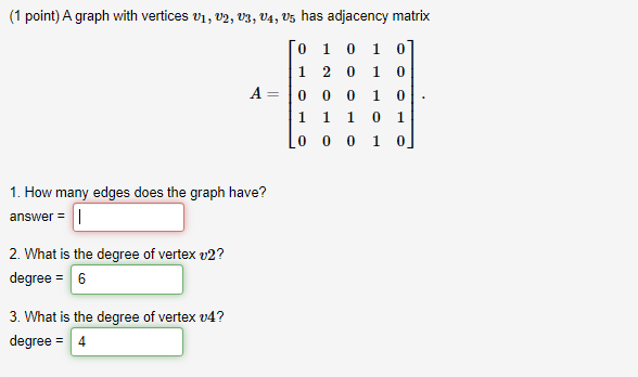 Solved (1 point) A graph with vertices vi, 02, 03, 04, v5 | Chegg.com