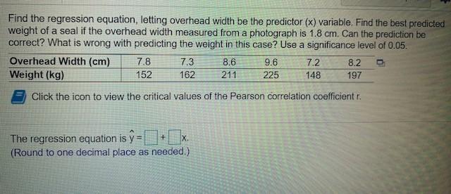 Solved Find the regression equation, letting overhead width | Chegg.com