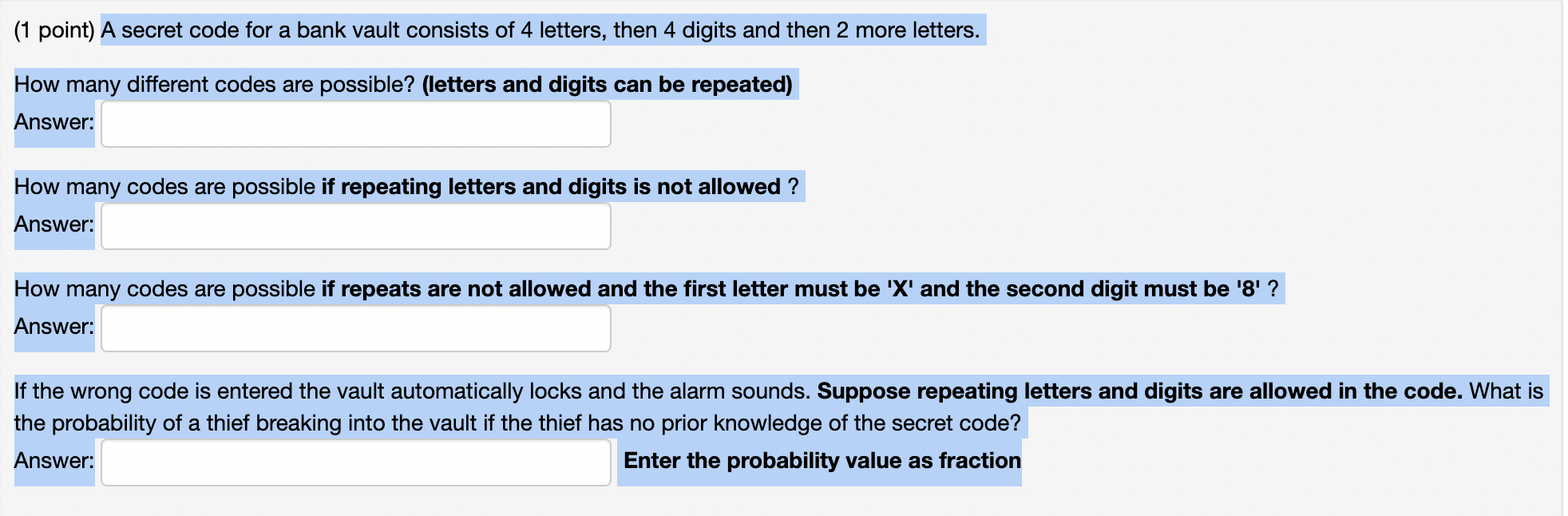 Solved (1 point) A secret code for a bank vault consists of | Chegg.com
