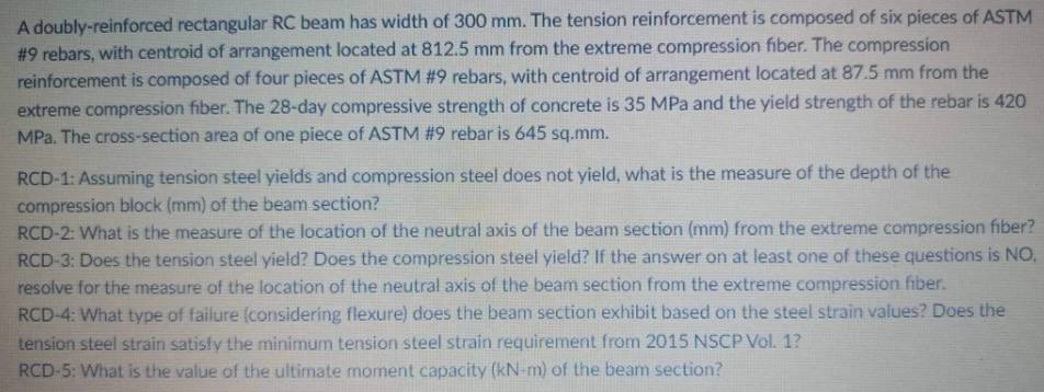 Solved A doubly-reinforced rectangular RC beam has width of | Chegg.com