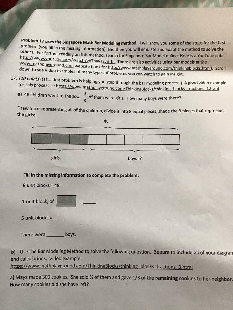 Solved em 17 uses the Singapore Math Bar Modeling method. I | Chegg.com