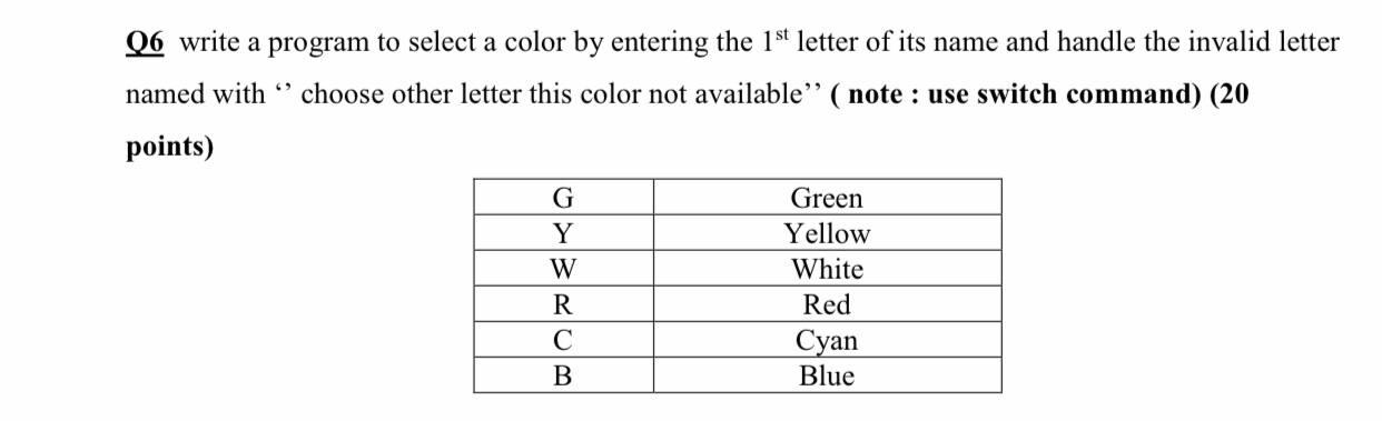 Solved Q6 write a program to select a color by entering the | Chegg.com