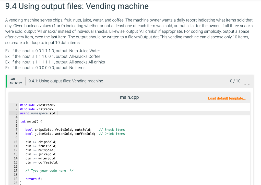 Solved 9.4 Using output files: Vending machine A vending | Chegg.com