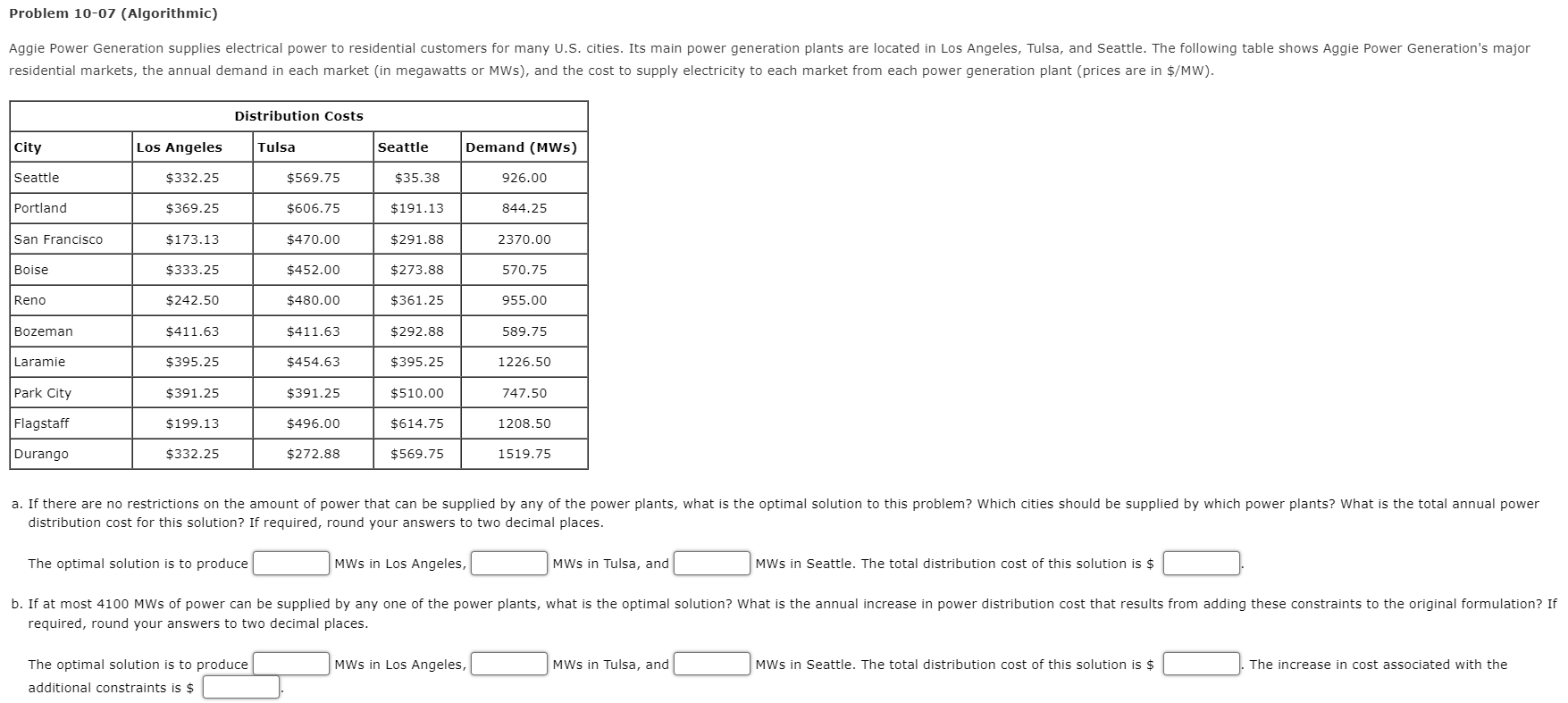 Solved Problem 10-07 (Algorithmic)Aggie Power Generation | Chegg.com