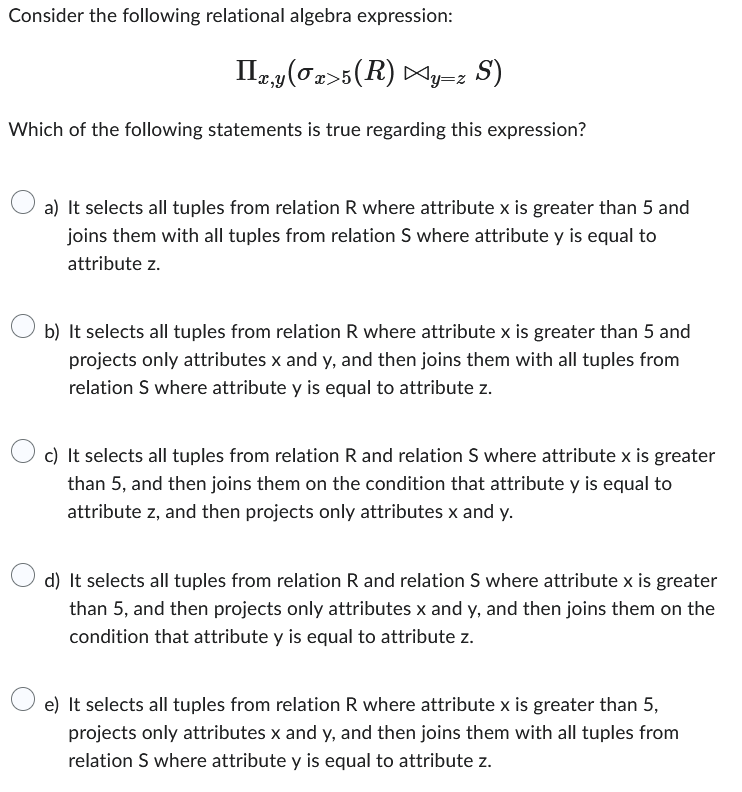 Consider the following relational algebra expression: | Chegg.com