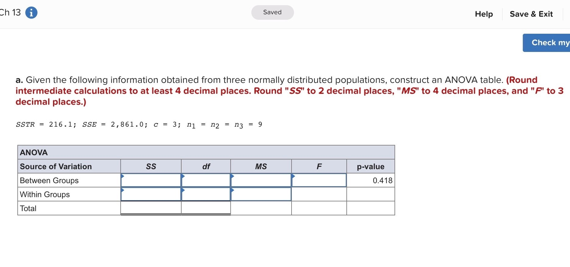 Solved Ch 13 i Saved Help Save & Exit Check my a. Given the | Chegg.com