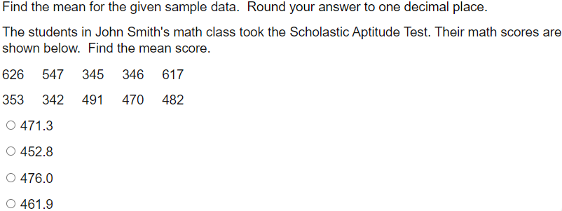 Solved Find the mean for the given sample data. Round your | Chegg.com