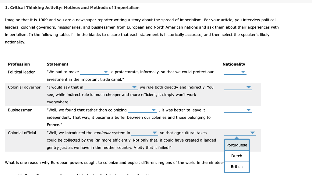 1. Critical Thinking Activity: Motives and Methods of | Chegg.com