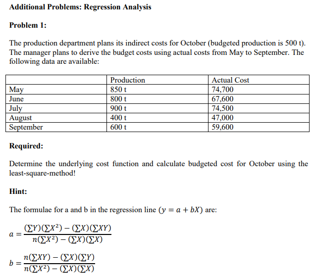 Solved Additional Problems: Regression Analysis Problem 1: | Chegg.com