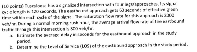 Solved (10 points) Tuscaloosa has a signalized intersection | Chegg.com