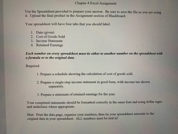 Solved Chapter 4 Excel Assignment: Use the excel | Chegg.com