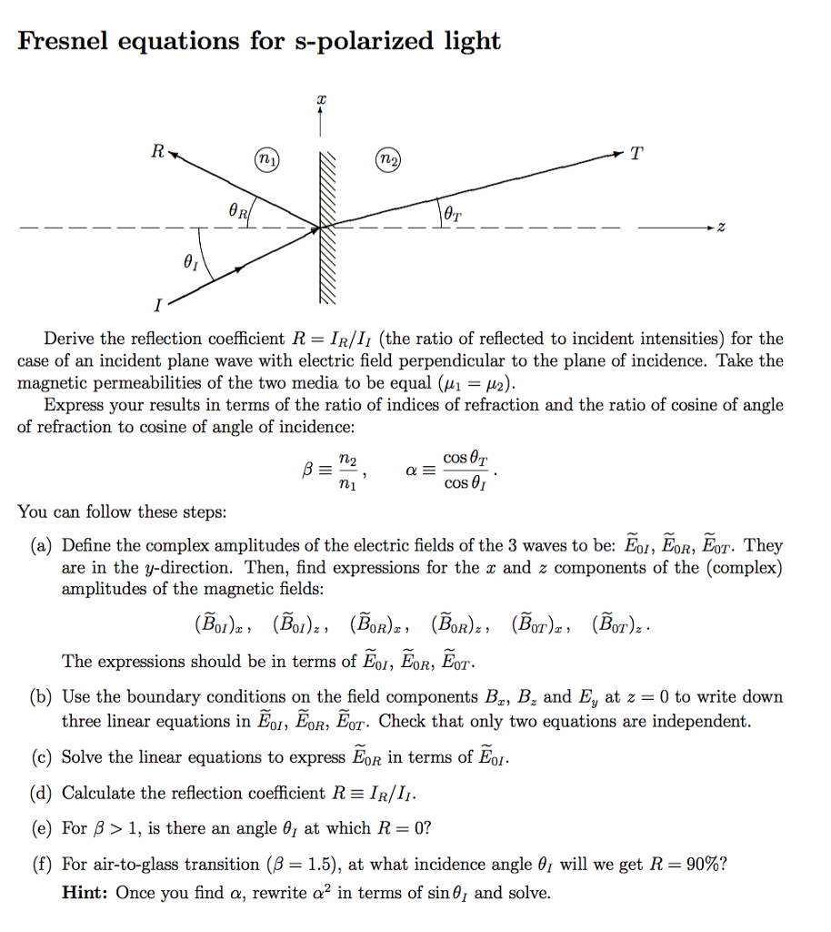 Solved Fresnel equations for s-polarized light Tn Derive the | Chegg.com