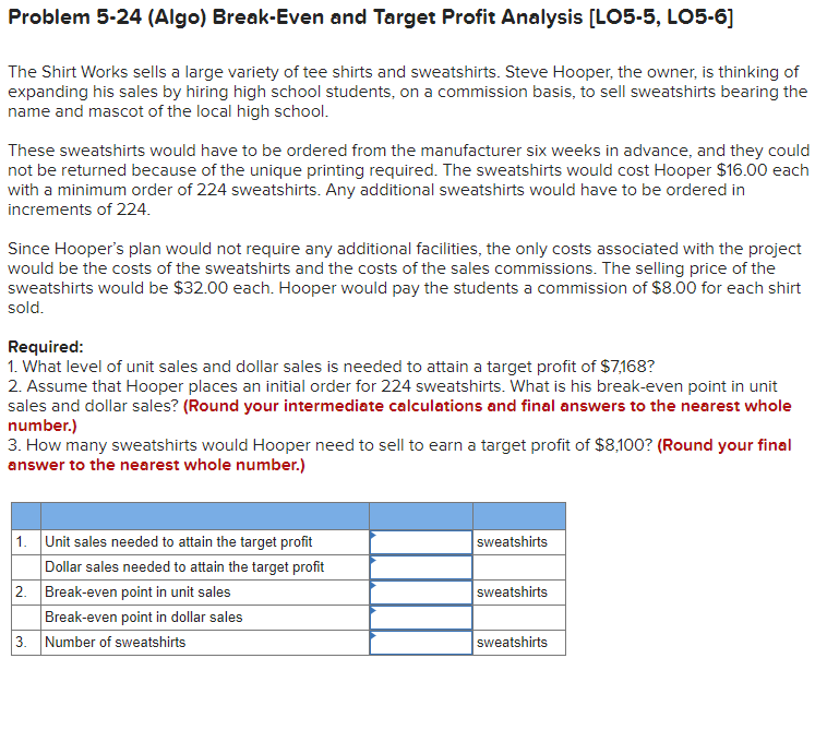 Solved Problem 5-24 (Algo) Break-Even and Target Profit | Chegg.com Solved Problem 5-24 (Algo) Break-Even and Target Profit | Chegg.com