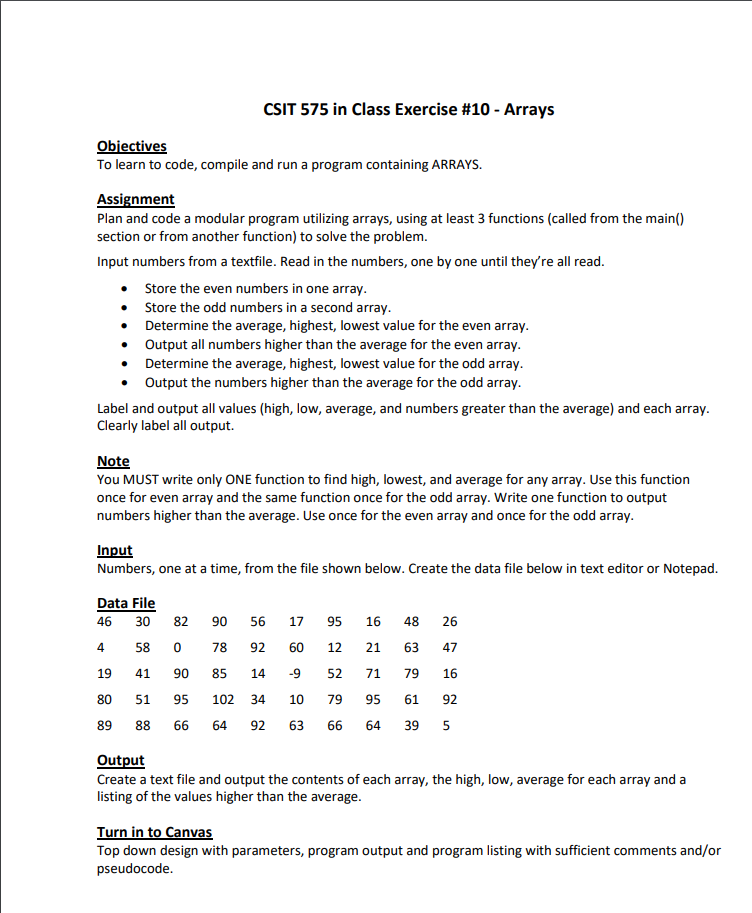 Solved CSIT 575 in Class Exercise #10 - Arrays Objectives To | Chegg.com