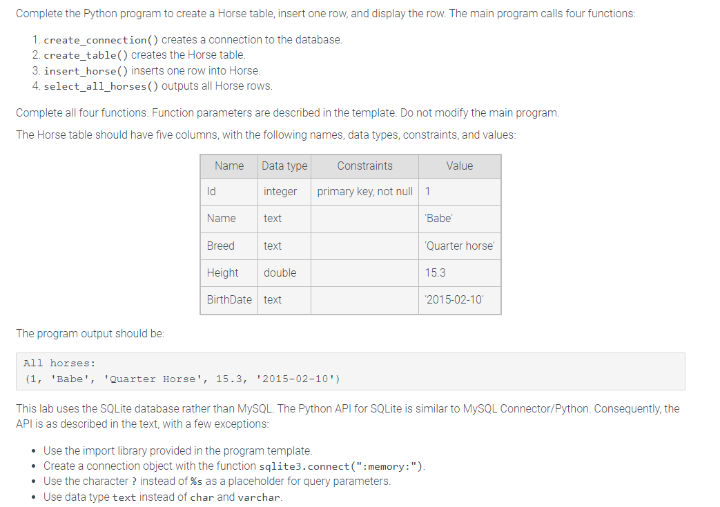 Solved Complete the Python program to create a Horse table, | Chegg.com