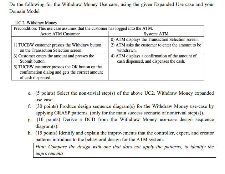 Do the following for the Withdraw Money Use-case, | Chegg.com