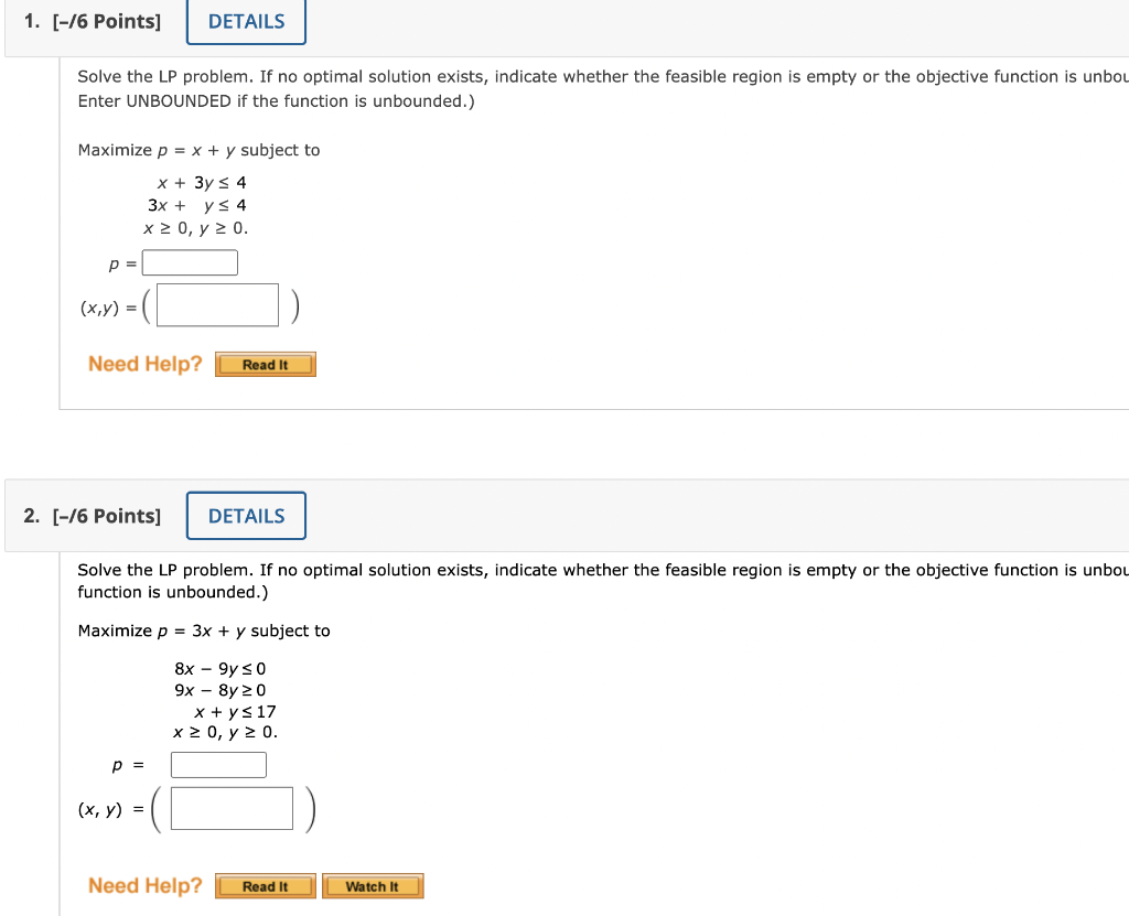 Solved Solve the LP problem. If no optimal solution exists, | Chegg.com