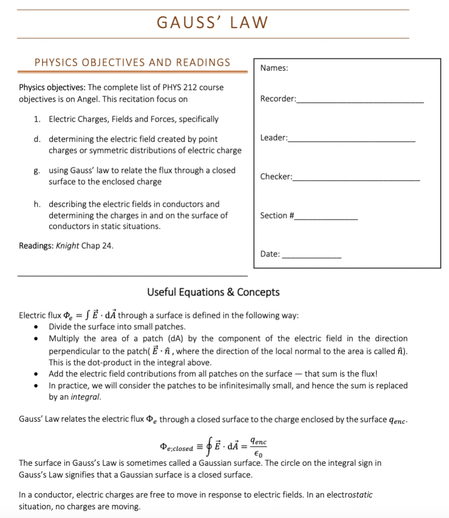 Solved GAUSS' LAW PHYSICS OBJECTIVES AND READINGS Names: | Chegg.com
