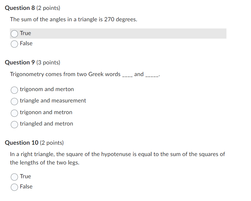 Solved The sum of the angles in a triangle is 270 degrees. | Chegg.com