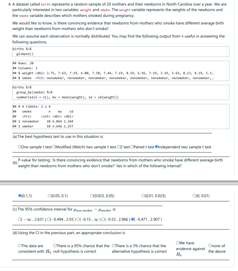 Solved 4. A dataset called birth represents a random sample | Chegg.com