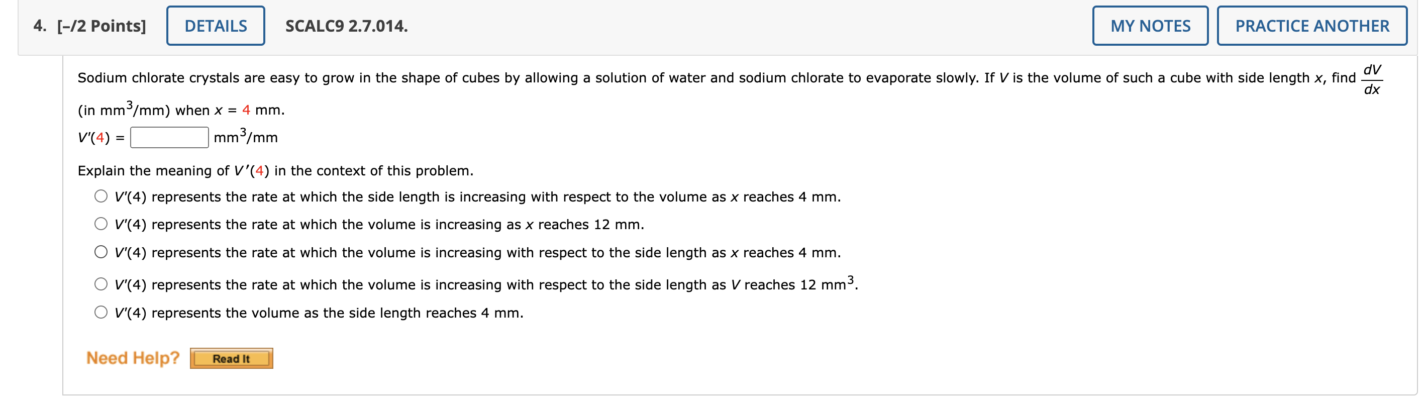Solved (in mm3/mm ) when x=4 mm. V′(4)=mm3/mm Explain the | Chegg.com