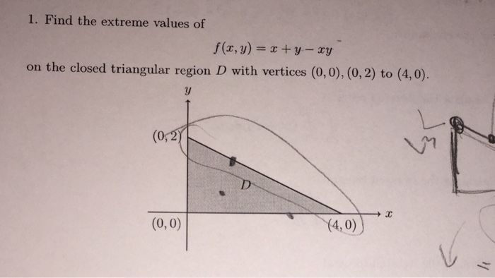 Solved 1. Find the extreme values of f(x,y) = x +y-xy on the | Chegg.com