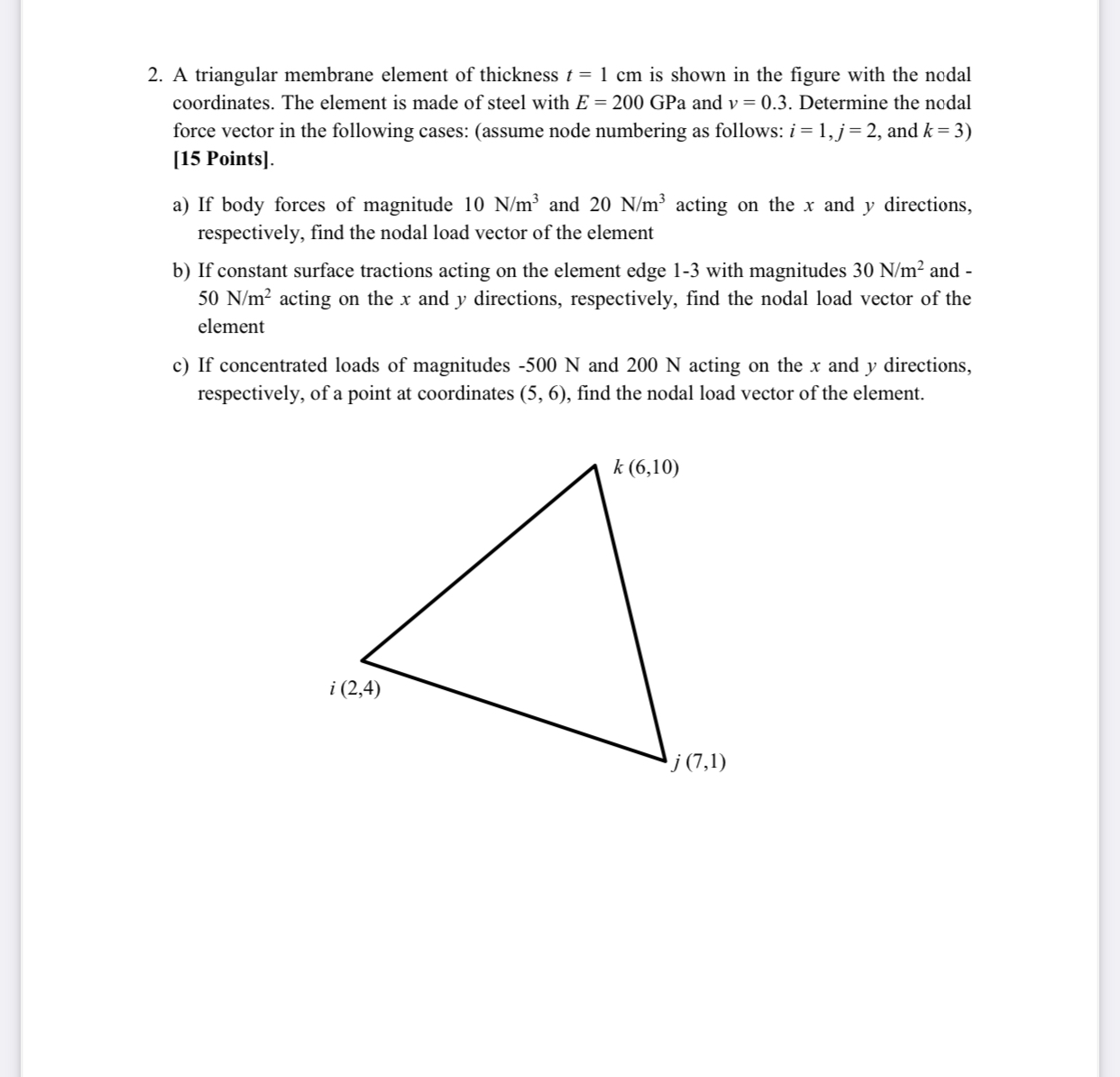Solved 2. A triangular membrane element of thickness t=1 cm | Chegg.com