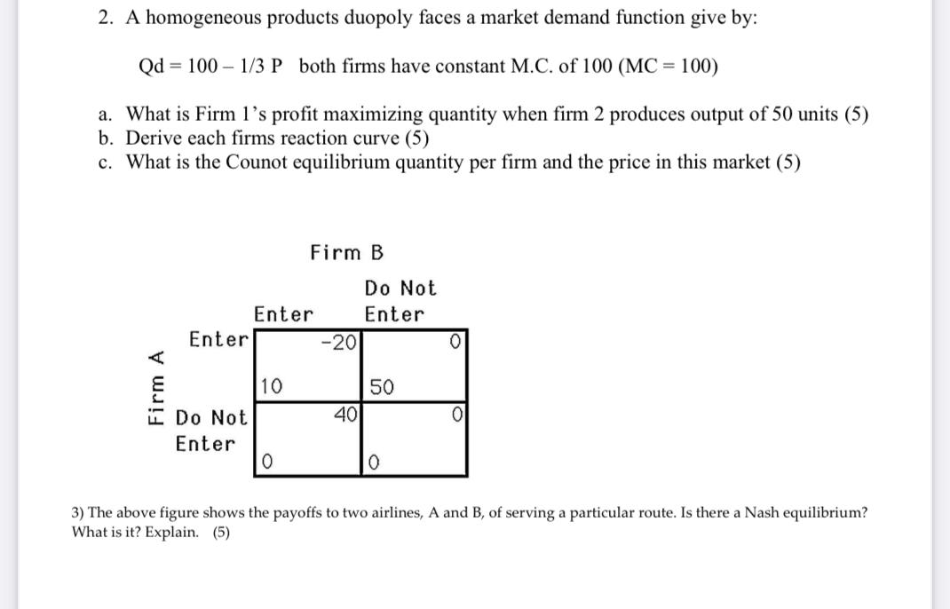 Solved 2. A homogeneous products duopoly faces a market | Chegg.com