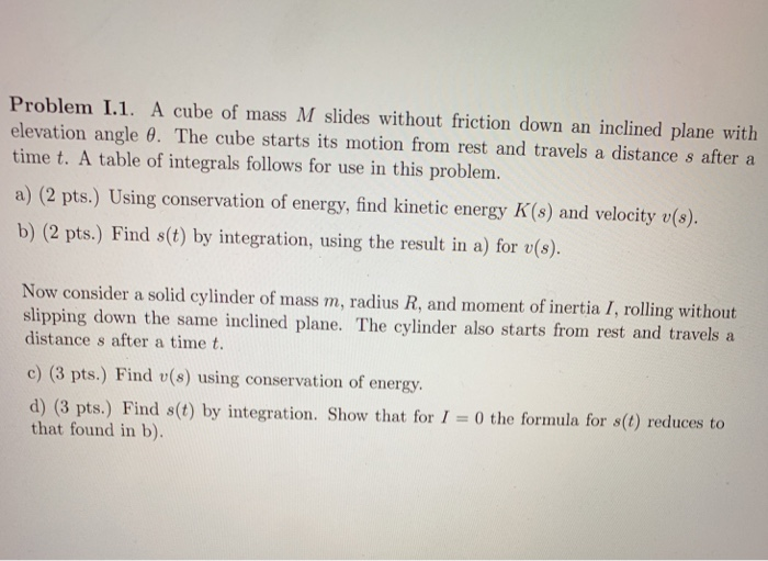 Solved Problem I.1. A cube of mass M slides without friction | Chegg.com