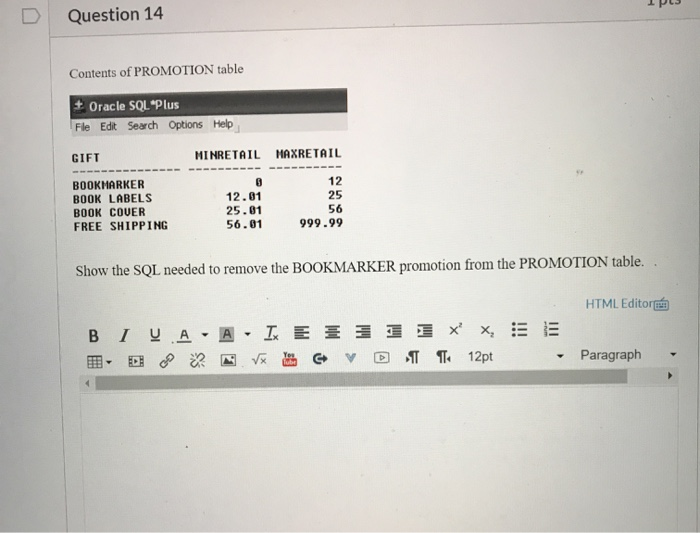 Solved 1pts Question 14 Contents of PROMOTION table + Oracle | Chegg.com