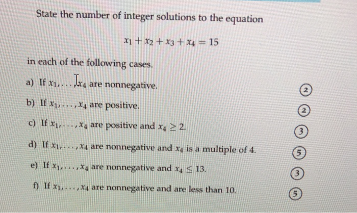 Solved State the number of integer solutions to the equation | Chegg.com