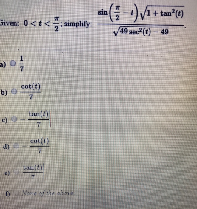 Solved sin ( π . /1 + tan2(t) Given: 0