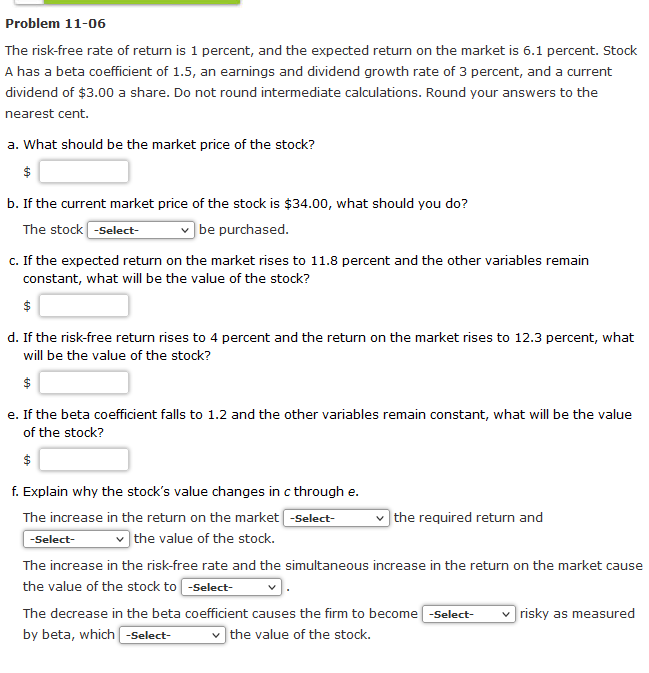 Solved Problem 11-06 The risk-free rate of return is 1 | Chegg.com