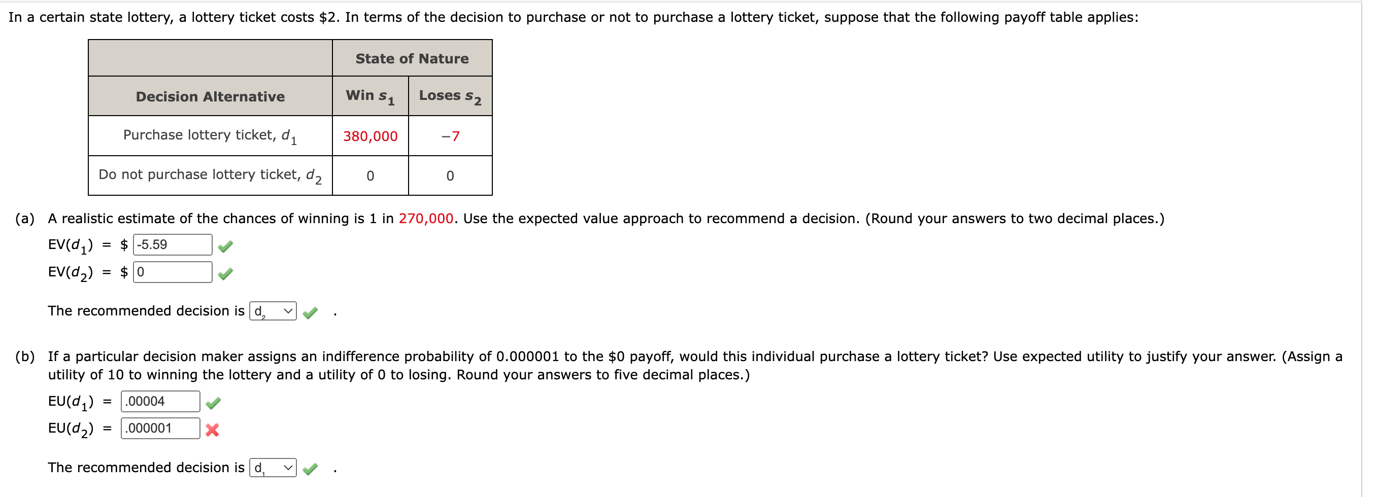 Solved EV(d1)=$EV(d2)=$ The recommended decision is utility | Chegg.com