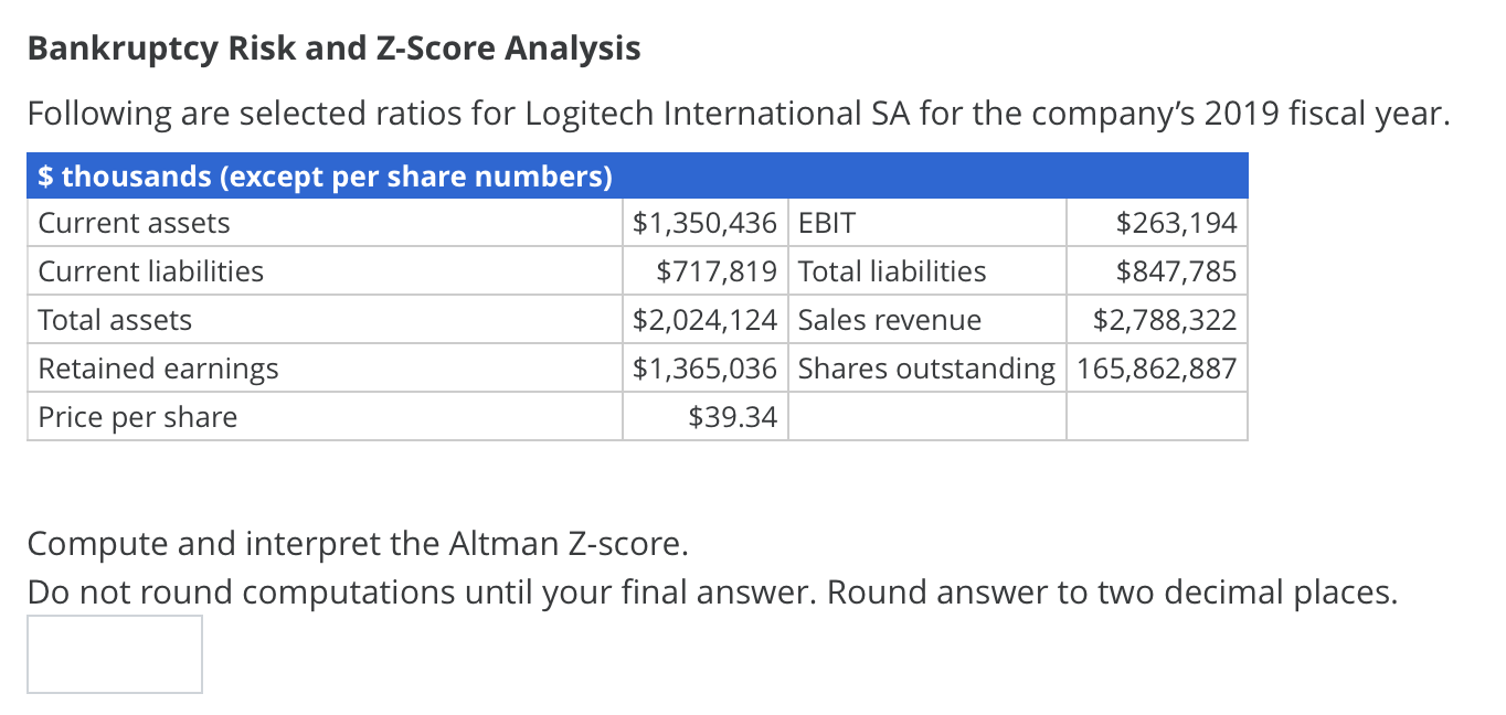 Solved Bankruptcy Risk and Z-Score Analysis Following are | Chegg.com