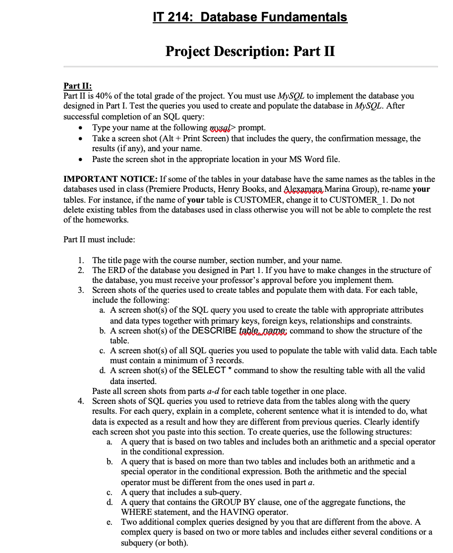 IT 214: Database Fundamentals Project Description: | Chegg.com