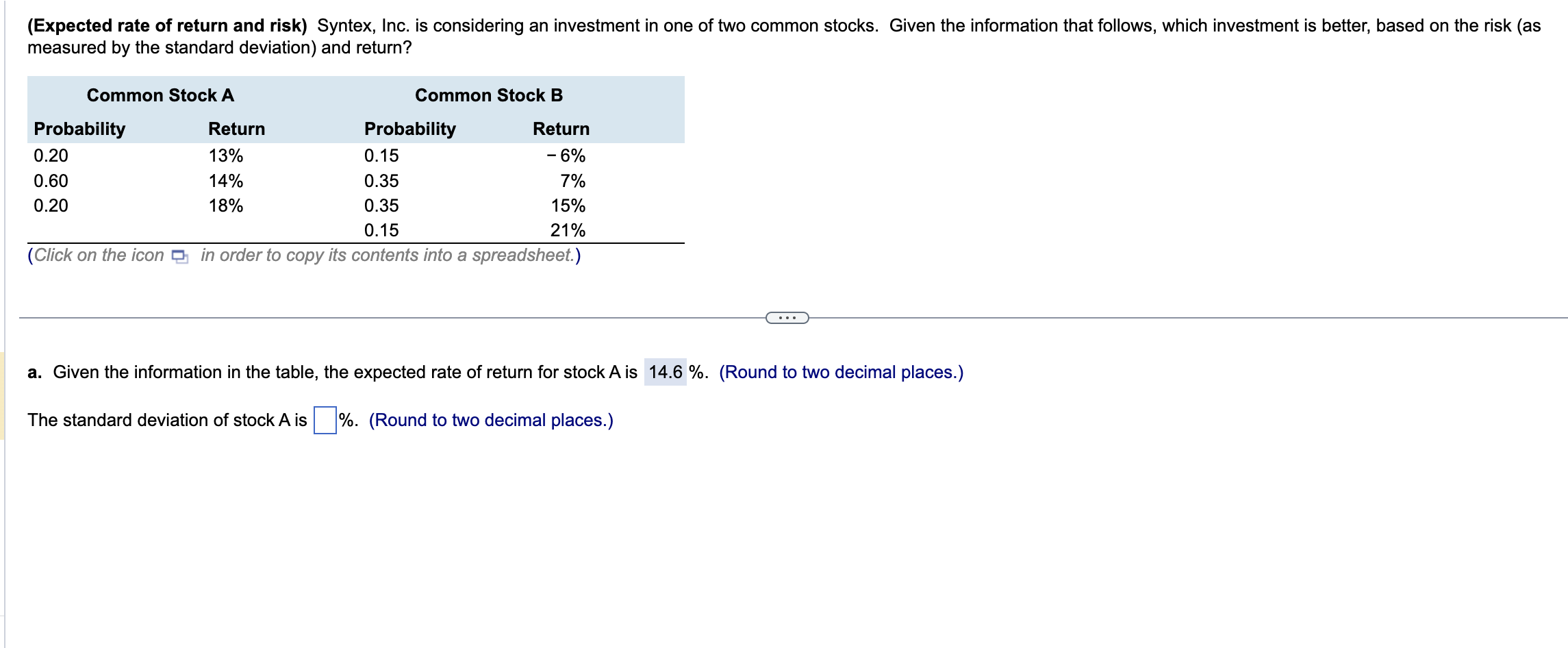 Solved (Expected rate of return and ﻿risk) ﻿Syntex, Inc. | Chegg.com
