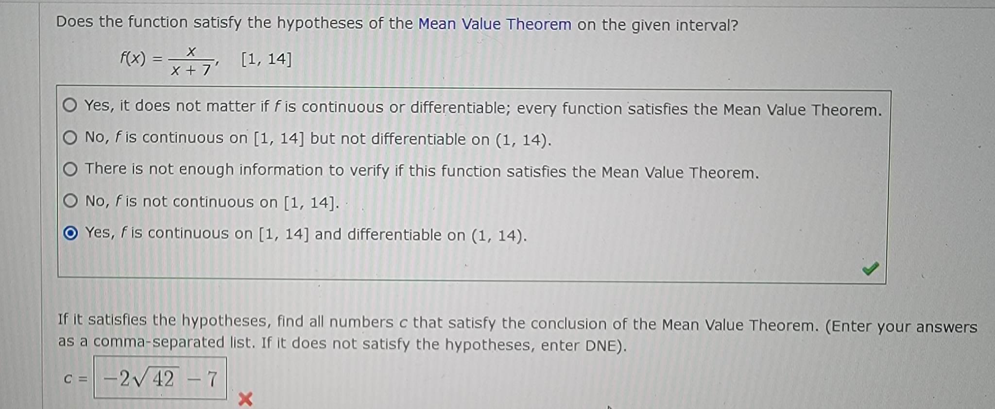 Solved Does the function satisfy the hypotheses of the Mean | Chegg.com