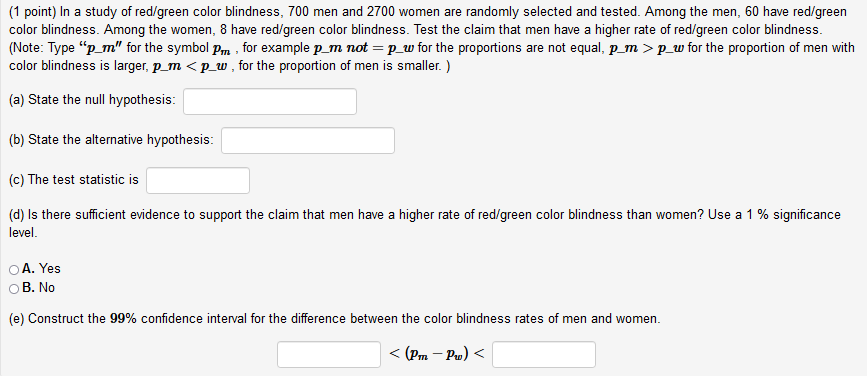 Solved (1 point) In a study of red/green color blindness, | Chegg.com