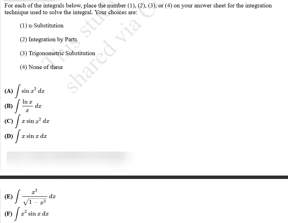 Solved For each of the integrals below, place the number | Chegg.com