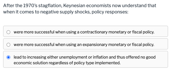 Solved After the 1970’s stagflation, Keynesian economists | Chegg.com