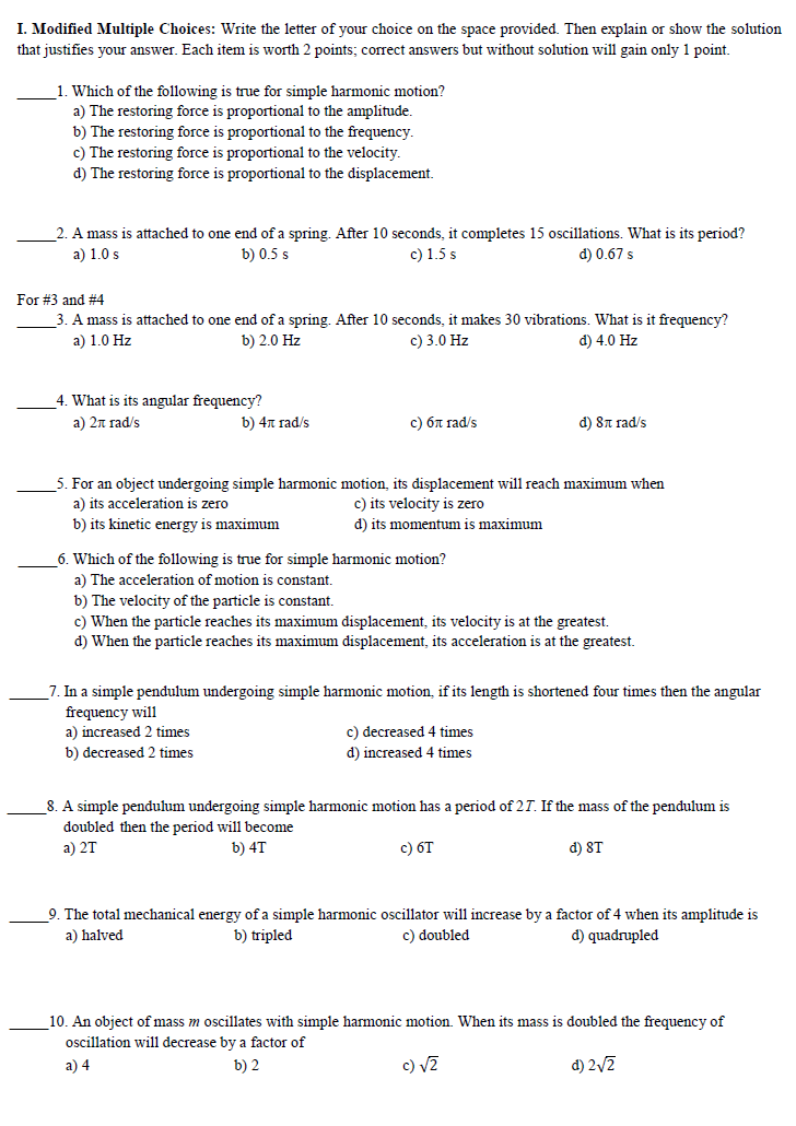 Solved I. Modified Multiple Choices: Write the letter of | Chegg.com