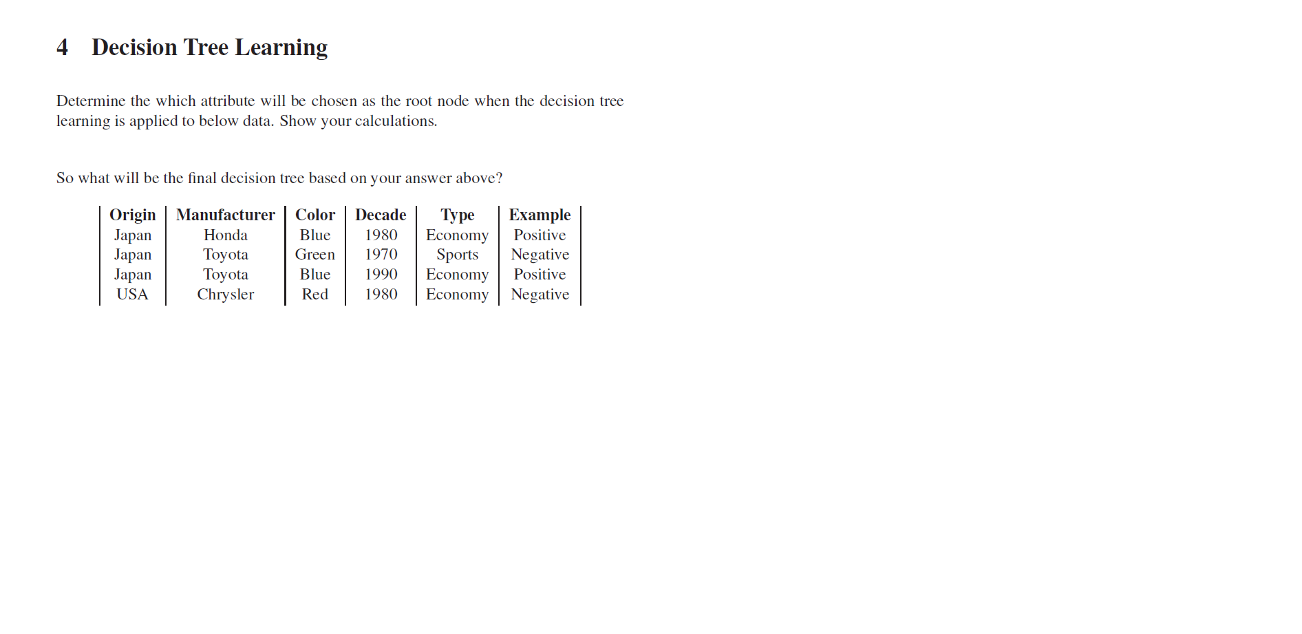 Solved 4. Decision Tree Learning Determine the which | Chegg.com