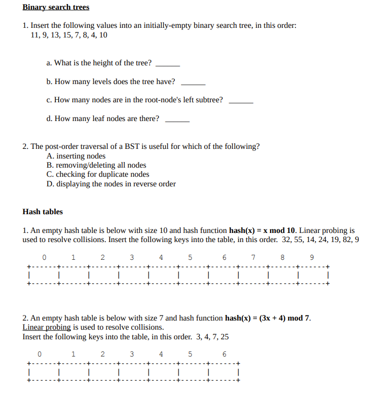 Solved Binary search trees 1. Insert the following values | Chegg.com