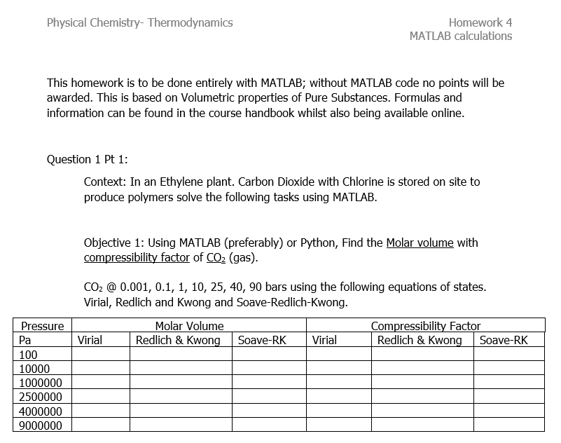 Physical Chemistry- Thermodynamics Homework 4 MATLAB | Chegg.com