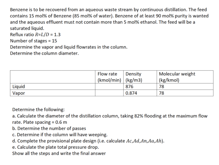 Solved Benzene is to be recovered from an aqueous waste | Chegg.com