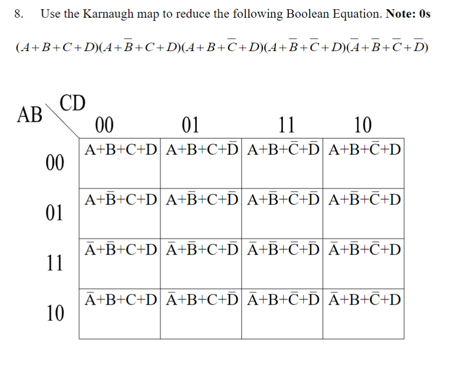 Solved 8 Use The Karnaugh Map To Reduce The Following