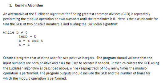 Solved 1. Euclid's Algorithm An alternative of the Euclidean | Chegg.com