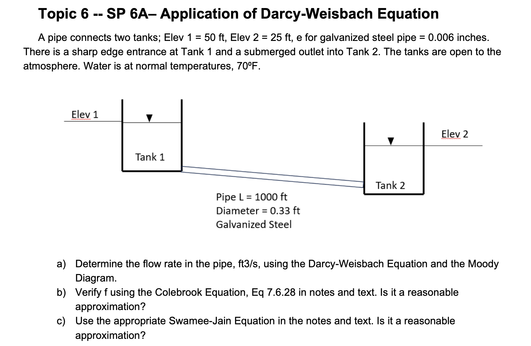 Solved Topic 6 -- SP 6A-Application of Darcy-Weisbach | Chegg.com