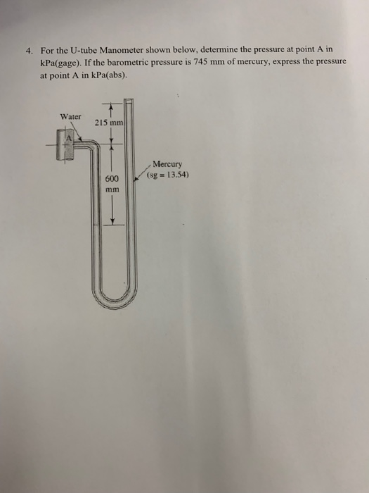 Solved For the U-tube Manometer shown below, determine the | Chegg.com